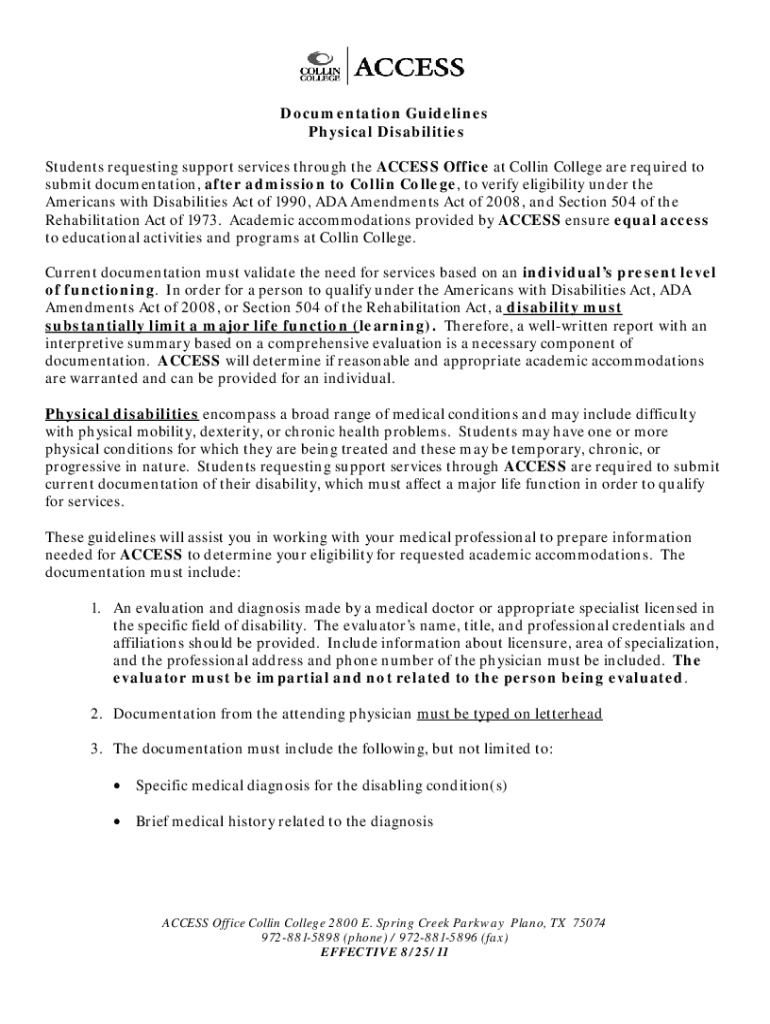 Fillable Online Documentation Guidelines/ Disability Verification Form ...