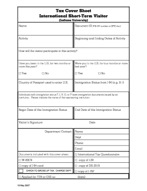 Fillable Online soa indiana Tax Cover Sheet International Short-Term ...