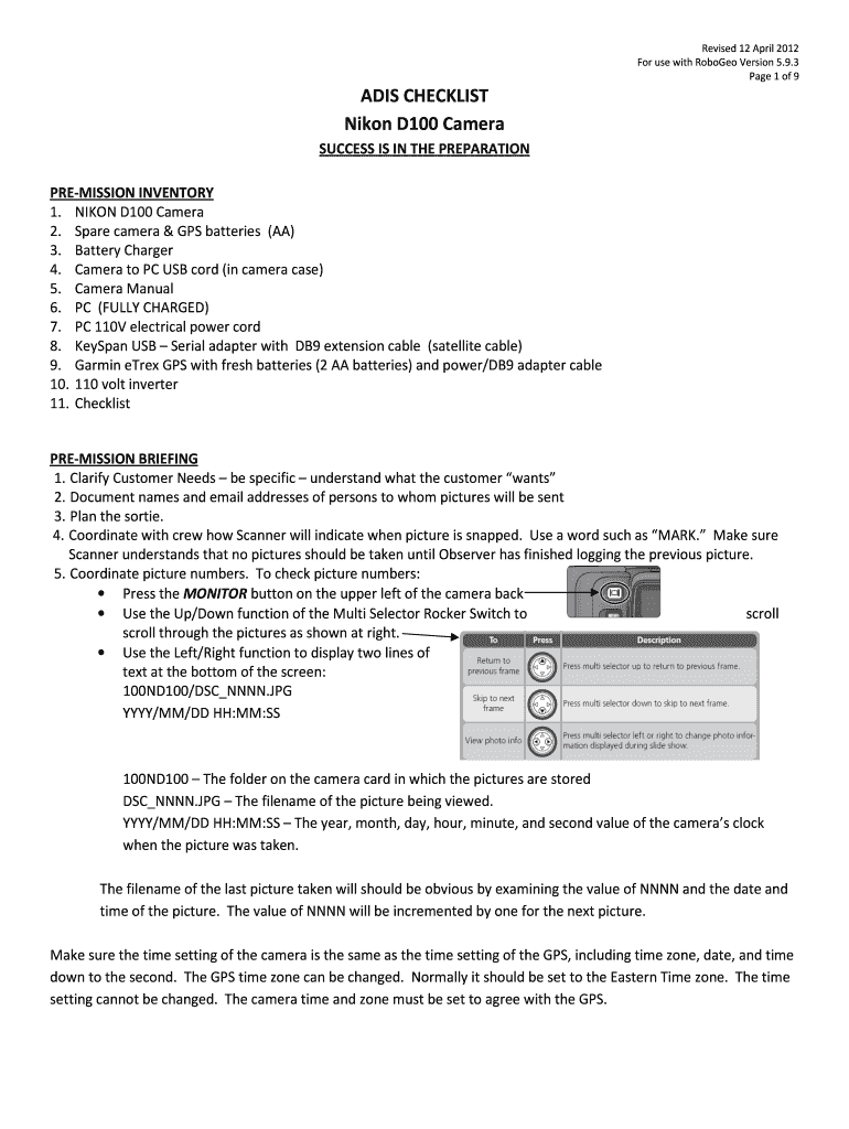 Fillable Online ADIS CHECKLIST Nikon D100 Camera Fax Email Print ...