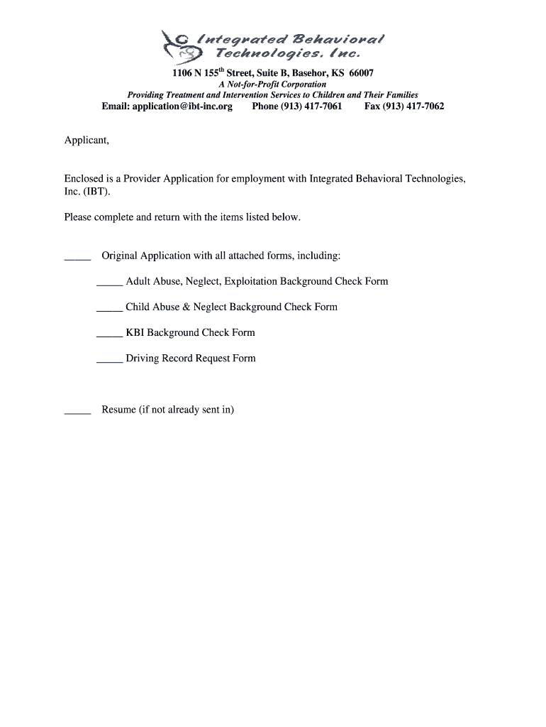 Fillable Online ibt-inc Applicant, Enclosed is a Provider Application ...