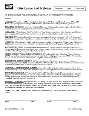 Fillable Online Disclosure and Release Residential Land Commercial TO ...