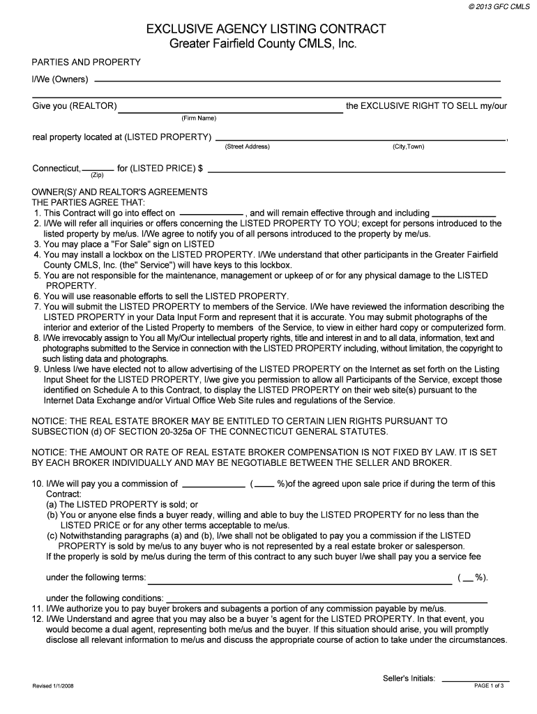 Fillable Online EXCLUSIVE AGENCY LISTING CONTRACT Greater Fairfield ...