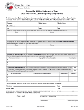 Fillable Online hctax Request for Written Statement of Taxes - Harris ...
