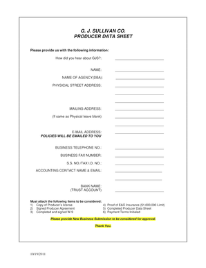 Fillable Online G. J. SULLIVAN CO. PRODUCER DATA SHEET Fax Email Print ...