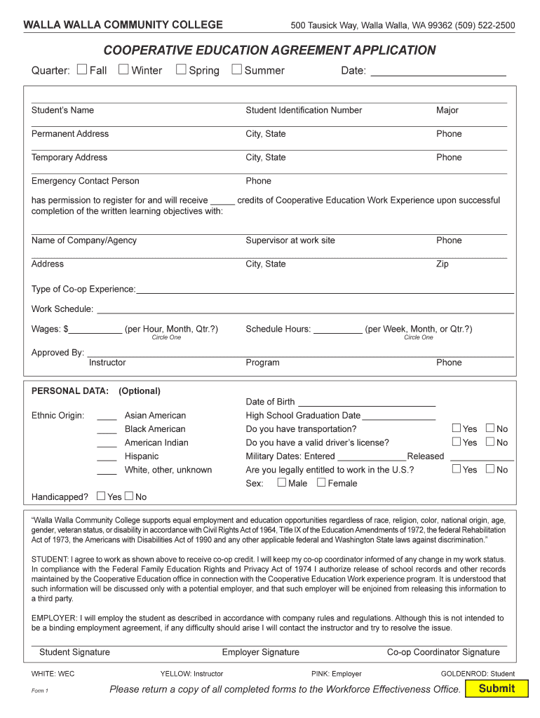 Fillable Online web wwcc Cooperative education agreement application ...