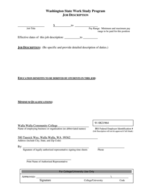 Fillable Online wwcc State Work Study Student Program Job Description ...