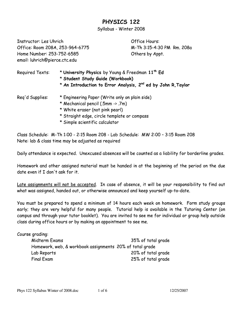 Fillable Online wwcc PHYSICS 122 - wwcc Fax Email Print - pdfFiller