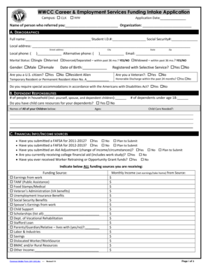 Fillable Online wwcc WWCC Career & Employment Services Funding Intake ...