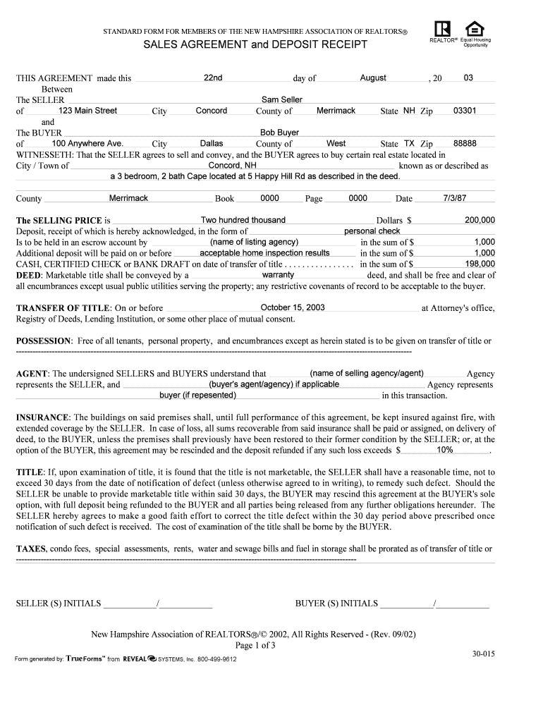 Fillable Online STANDARD FORM FOR MEMBERS OF THE NEW HAMPSHIRE ASSOCIATION OF REALTORS Fax Email ...