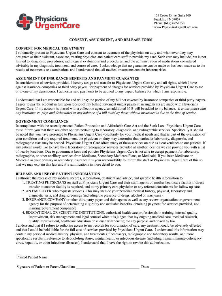 Fillable Online CONSENT, ASSIGNMENT, AND RELEASE FORM CONSENT FOR ...