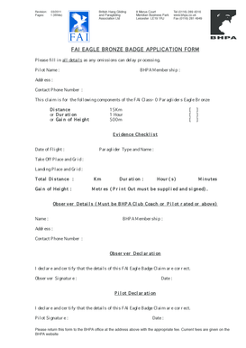 Fillable Online bhpa co Fai eagle bronze badge application form ...