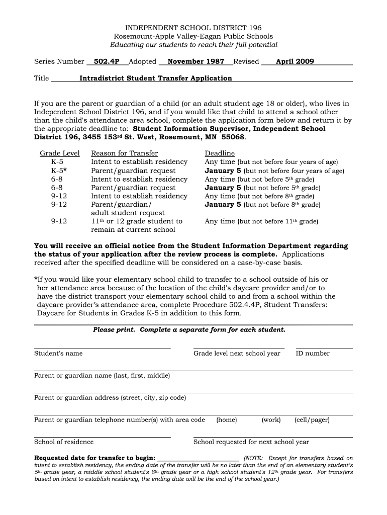 Fillable Online district196 502.4P Intradistrict Student Transfer Application - Independent ...