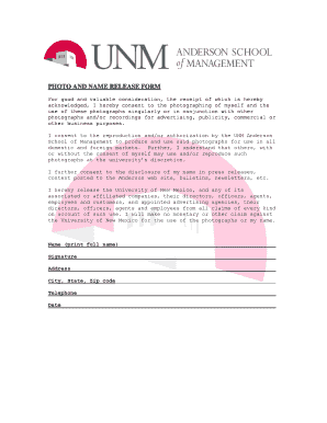 Fillable Online sbi mgt unm PHOTO AND NAME RELEASE FORM - University of ...