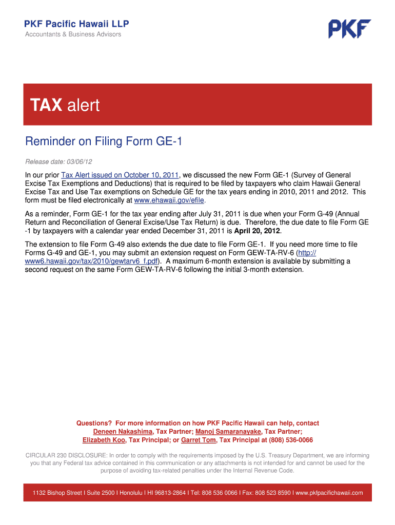 Fillable Online Reminder on Filing Form GE-1 - PKF Pacific Hawaii LLP ...