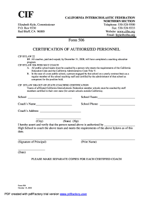 Fillable Online cifns Form 506 CERTIFICATION OF AUTHORIZED PERSONNEL ...