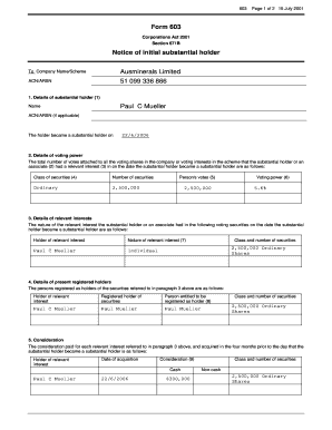 Fillable Online nsxa com Form 603 Notice of initial substantial holder ...