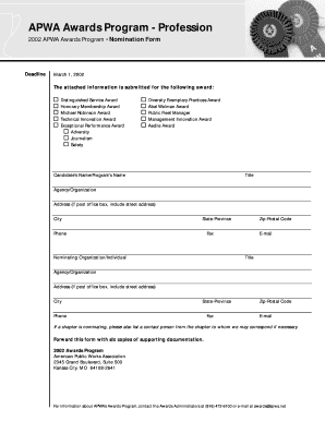 Fillable Online 2002 APWA Awards Program Nomination Form Fax Email ...