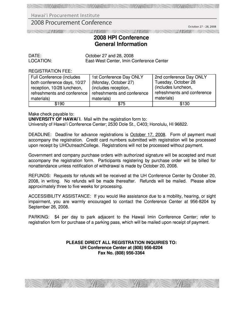 Fillable Online hawaii apwa 2008 HPI Conference General Information ...