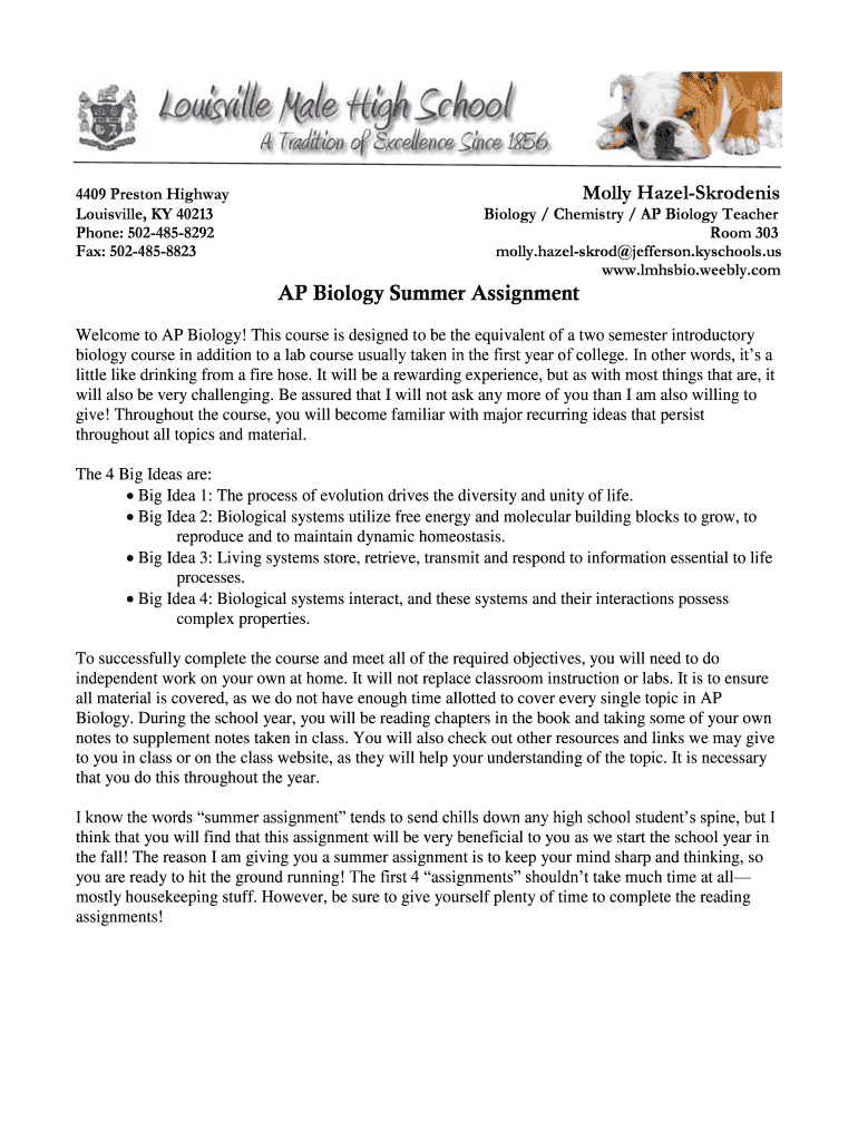 Fillable Online AP Biology Summer Assignment - Louisville Male High ...