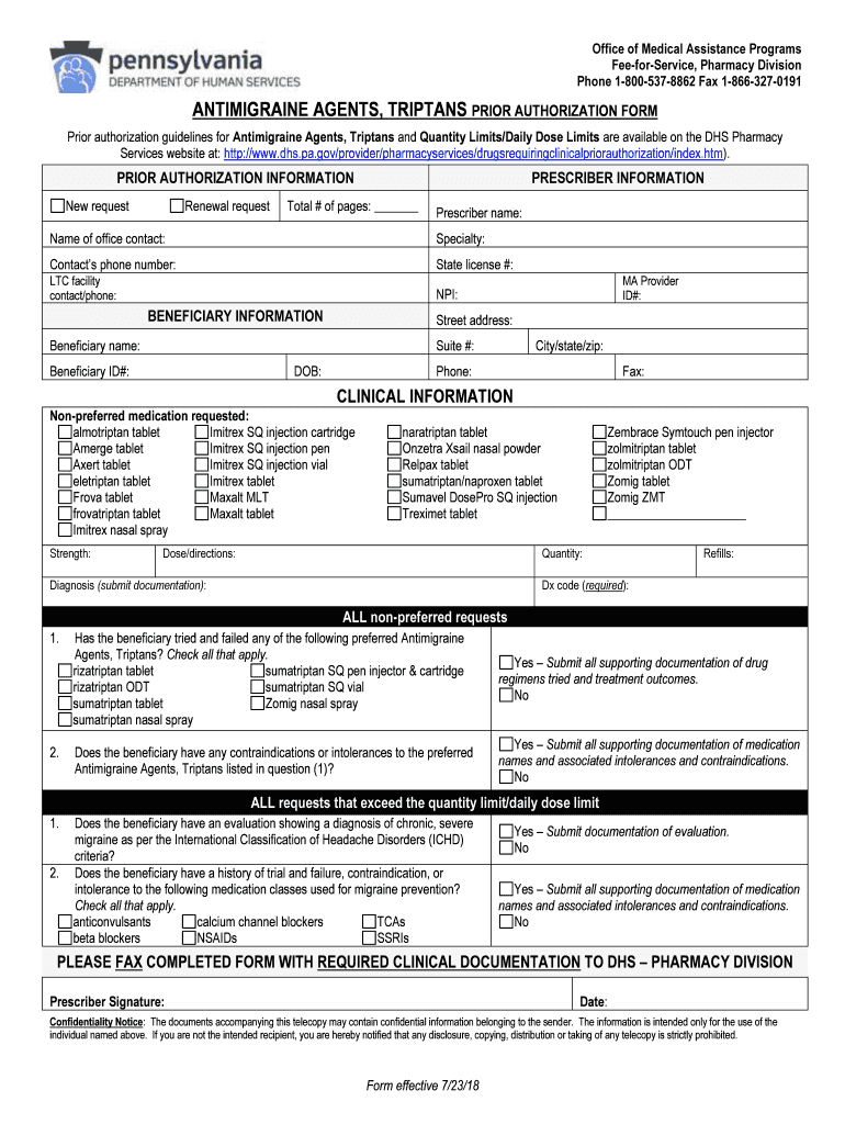 Fillable Online ANTIMIGRAINE AGENTS, TRIPTANS PRIOR AUTHORIZATION FORM ...