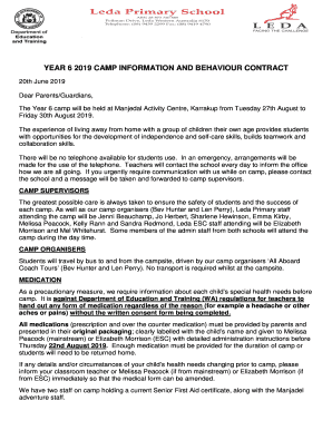 Fillable Online year 6 2019 camp information and behaviour ... - Leda ...