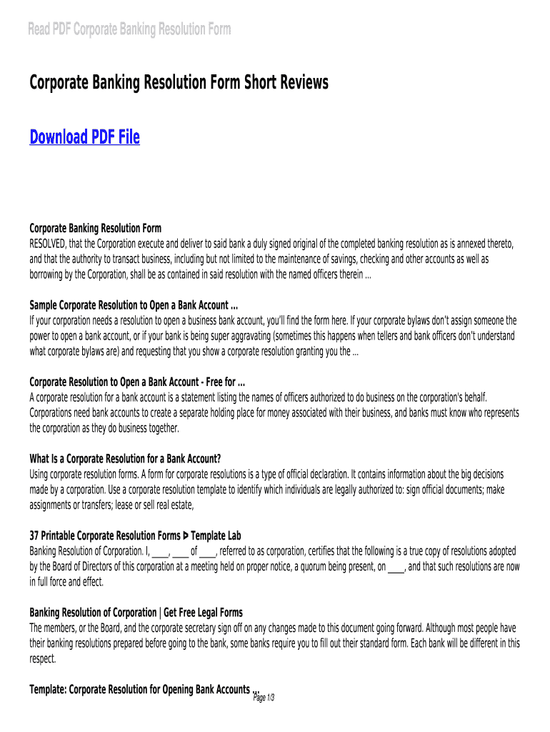 Fillable Online Corporate Banking Resolution Form. Corporate Banking ...