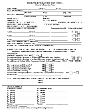 Fillable Online Secondary Student Information Sheet - Highland School ...