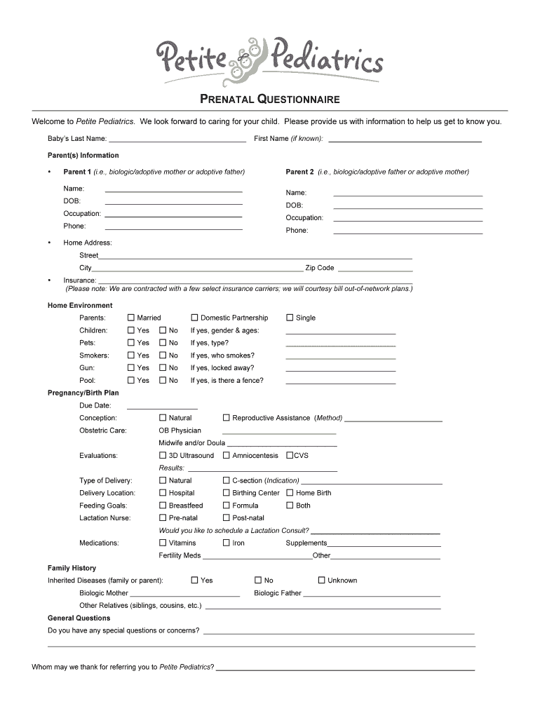 Fillable Online Prenatal Questionnaire Form-1.doc Fax Email Print ...