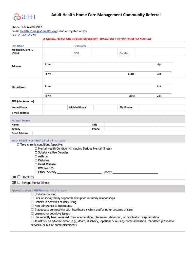 Fillable Online Adult Health Home Care Management Community Referral ...