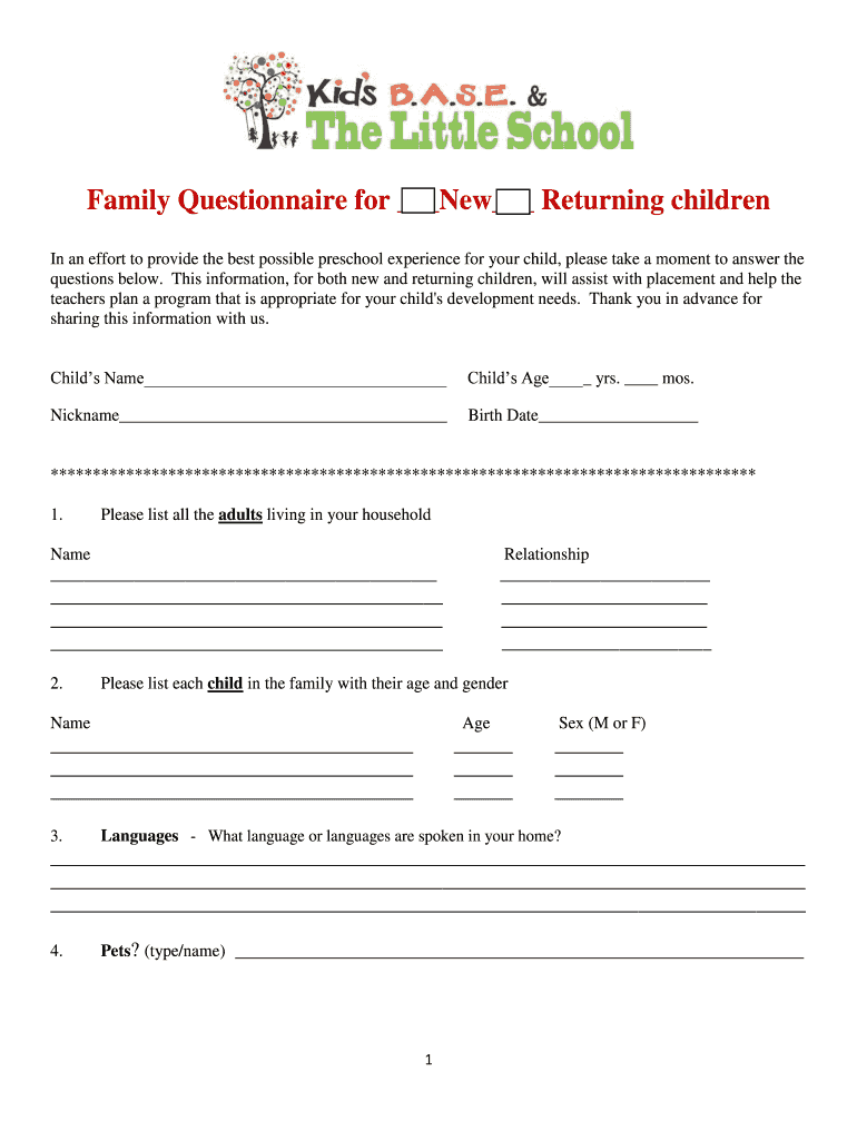 Fillable Online Family Questionnaire for New Returning children Fax ...
