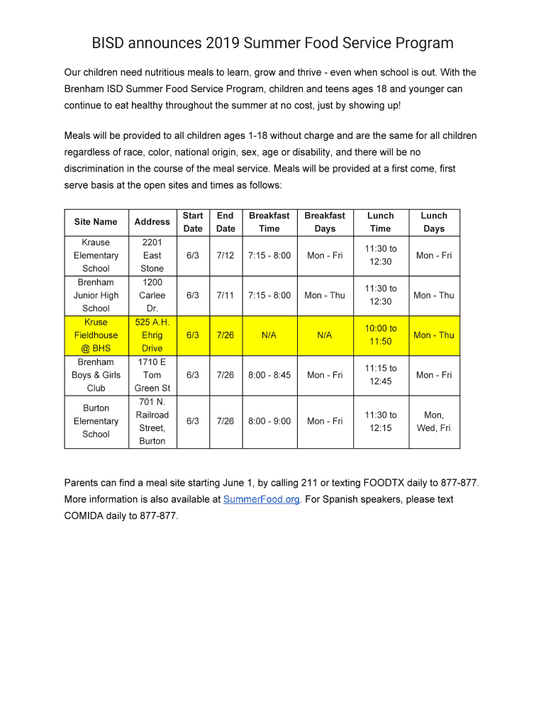 Fillable Online Education Department Announces Summer Food Service Program ... Fax Email Print ...