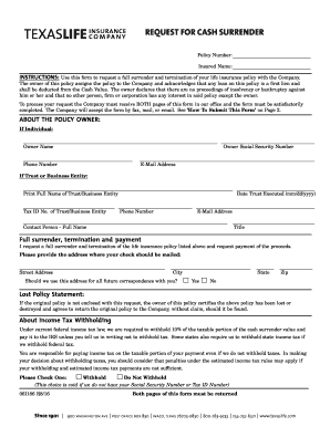 Fillable Online REQUEST FOR CASH SURRENDER Fax Email Print - pdfFiller