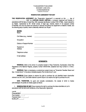 Fillable Online RESERVATION AGREEMENT FOR UNIT Fax Email Print - pdfFiller