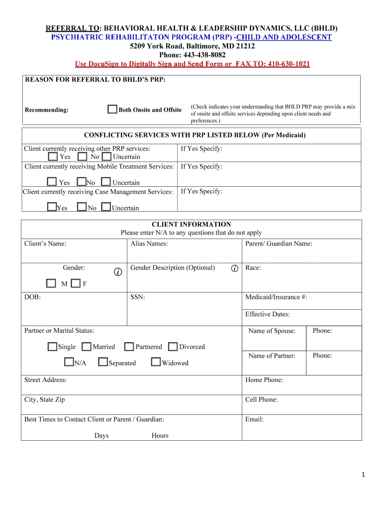 Fillable Online Referral Form-PRP Child and Adolescent - bhcld.com Fax ...