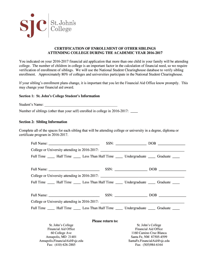 Fillable Online St. John's College Sibling Enrollment Verification Fax Email Print - pdfFiller