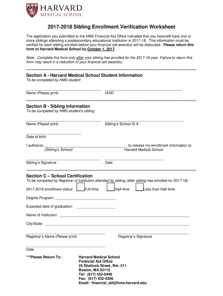 Fillable Online hms harvard 2017-2018 Sibling Enrollment Verification Worksheet Fax Email Print ...