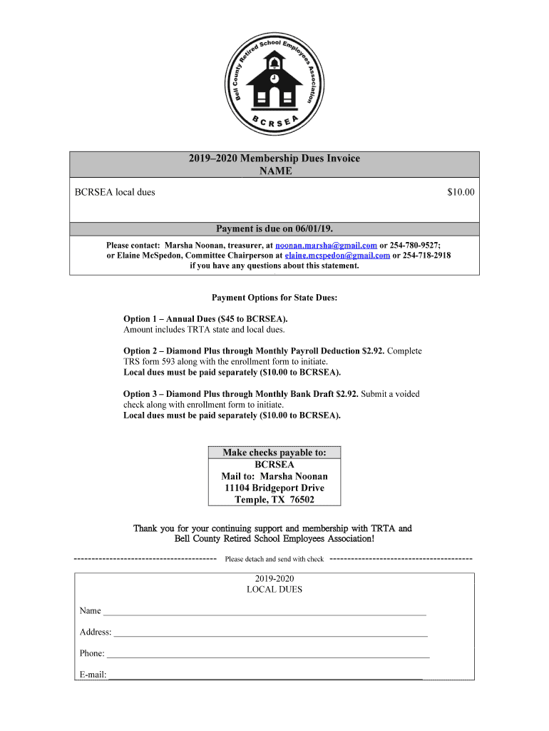 Fillable Online 20192020 Membership Dues Invoice NAME - localunits.org ...
