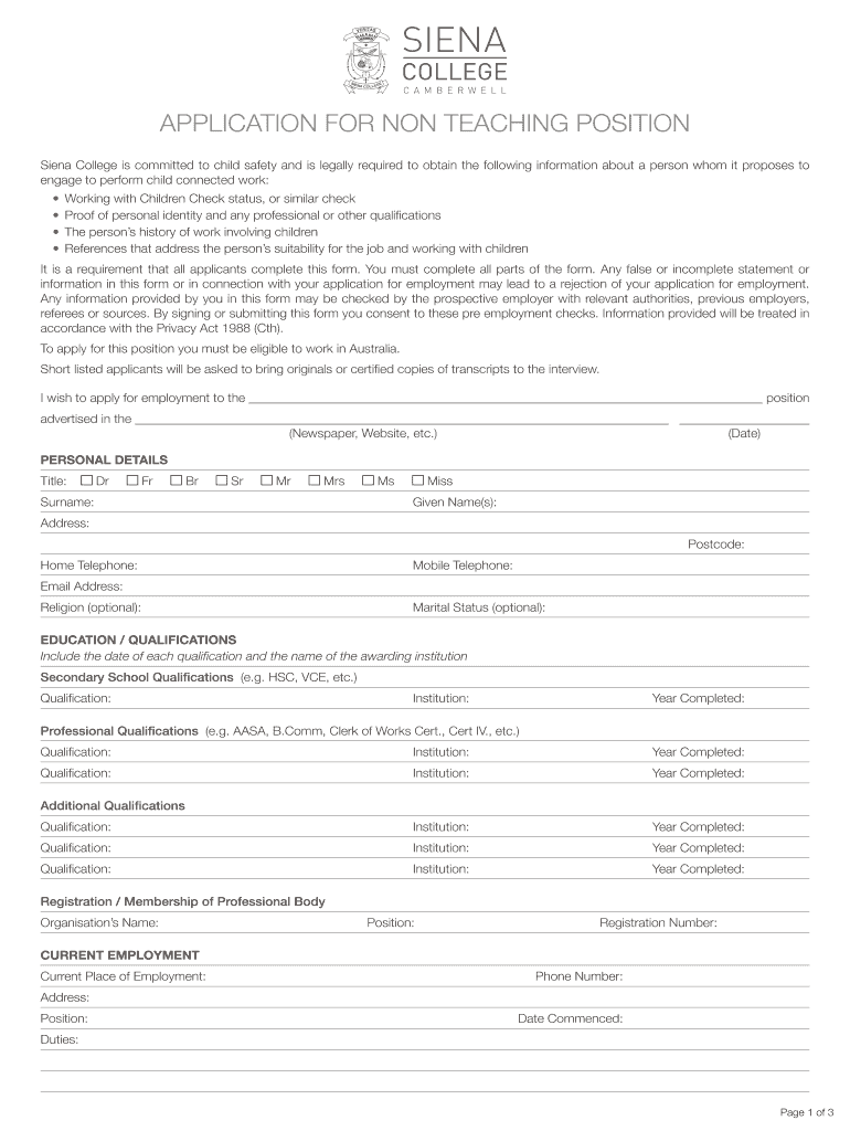 Fillable Online APPLICATION FOR NON TEACHING POSITION - siena.vic.edu ...
