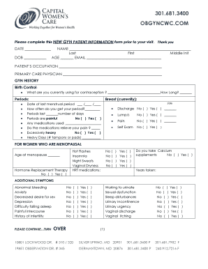 Fillable Online NEW GYN PATIENT INFORMATION form prior to your visit ...