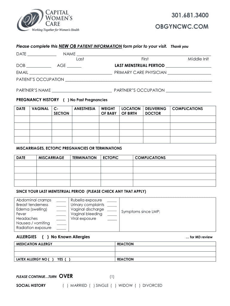 NEW OB PATIENT INFORMATION Form Prior To Your Visit. Thank You - Fill ...