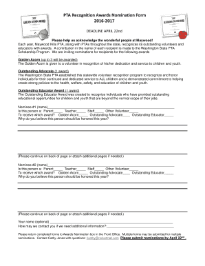 Fillable Online PTA Recognition Awards Nomination Form Fax Email Print ...