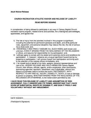 Fillable Online CHURCH RECREATION ATHLETIC WAIVER AND RELEASE OF ...