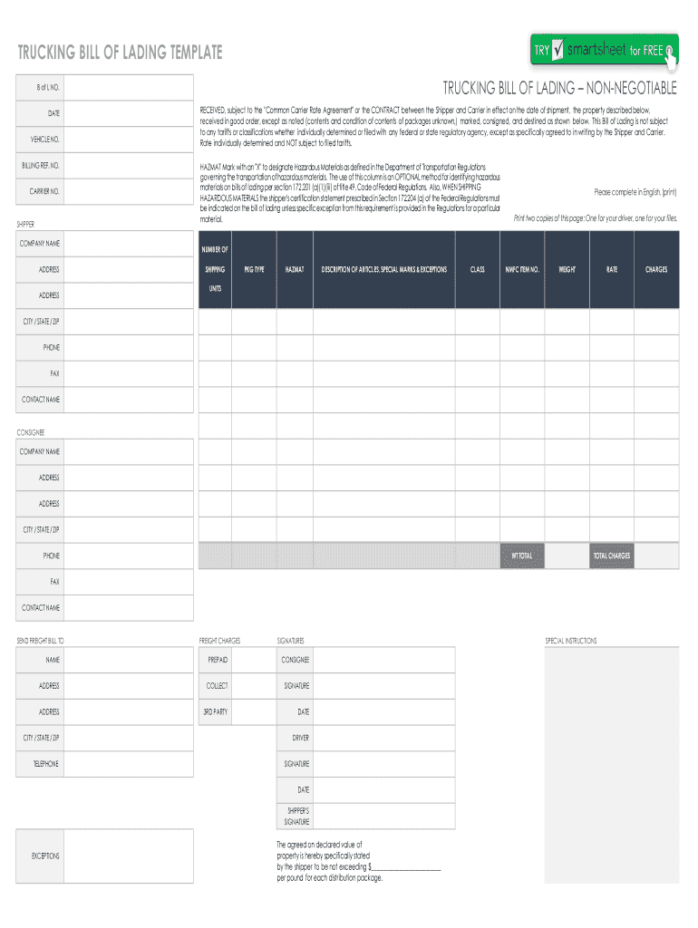 Fillable Online TRUCKING BILL OF LADING TEMPLATE Fax Email Print ...