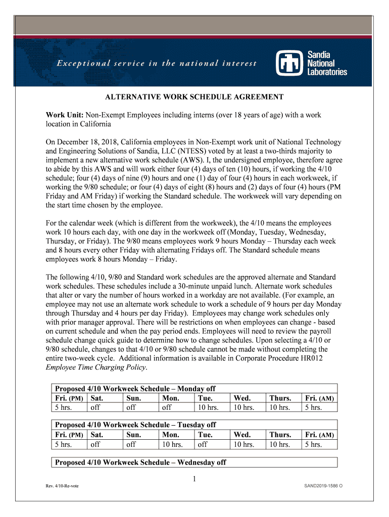 Fillable Online 1 ALTERNATIVE WORK SCHEDULE AGREEMENT Work Unit: Non ...
