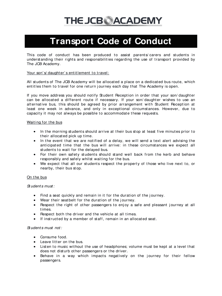Fillable Online Transport Code of Conduct - jcbacademy.com Fax Email ...
