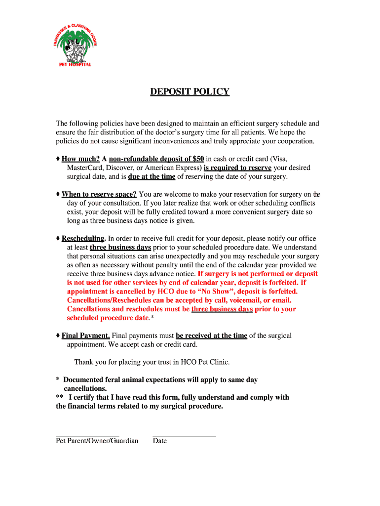 Fillable Online Surgical Deposit Form - HCO Pet Hospital Fax Email ...