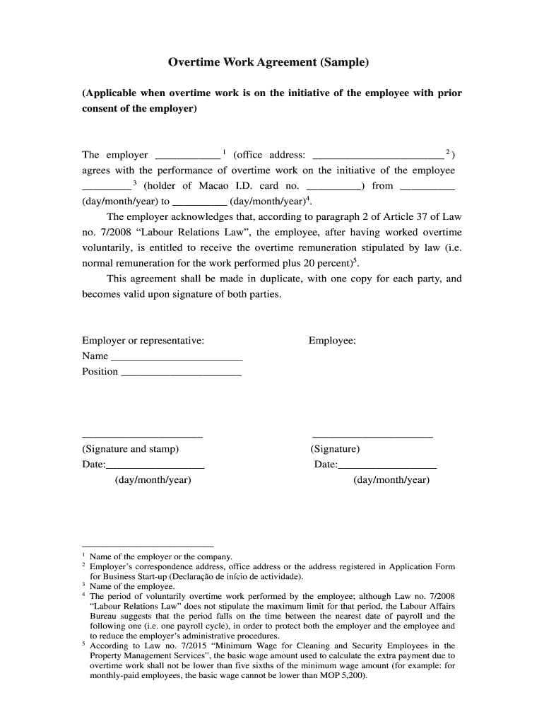 Fillable Online Overtime Work Agreement (Sample) - dsal.gov.mo Fax ...