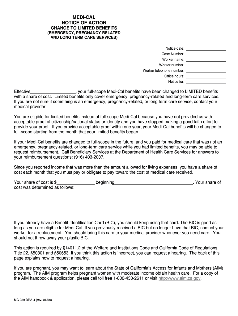 Fillable Online MEDI-CAL NOTICE OF ACTION CHANGE TO LIMITED BENEFITS ...