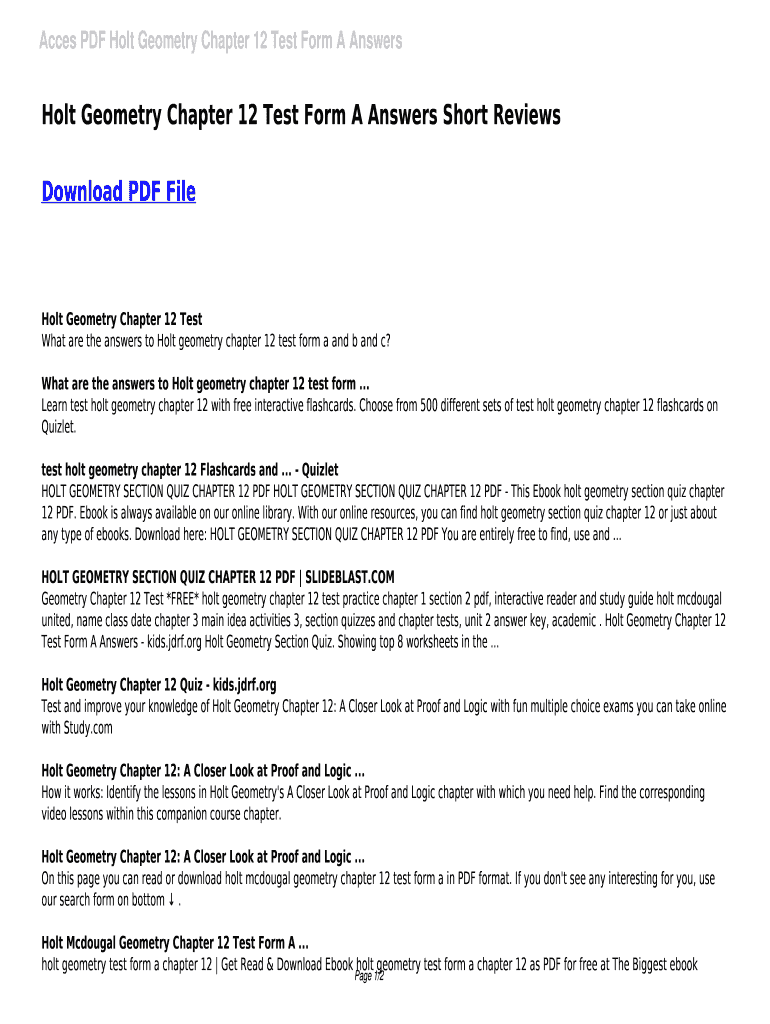 Fillable Online Holt Geometry Chapter 12 Test Form A Answers. Holt ...