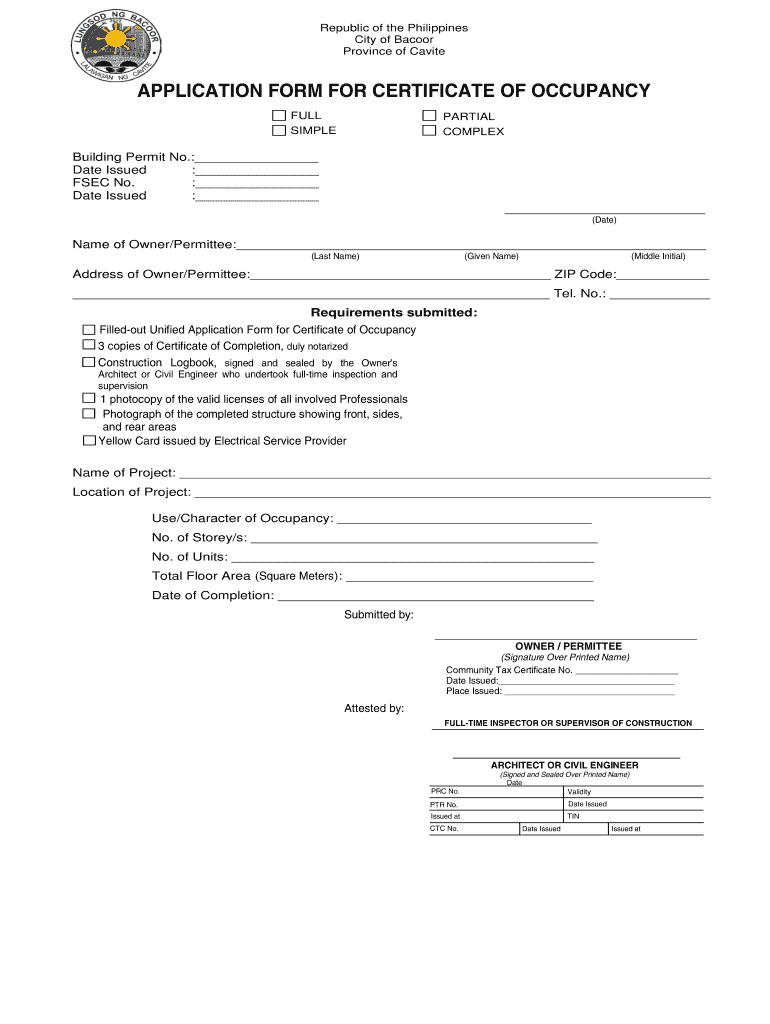 Fillable Online APPLICATION FORM FOR CERTIFICATE OF OCCUPANCY Fax Email ...